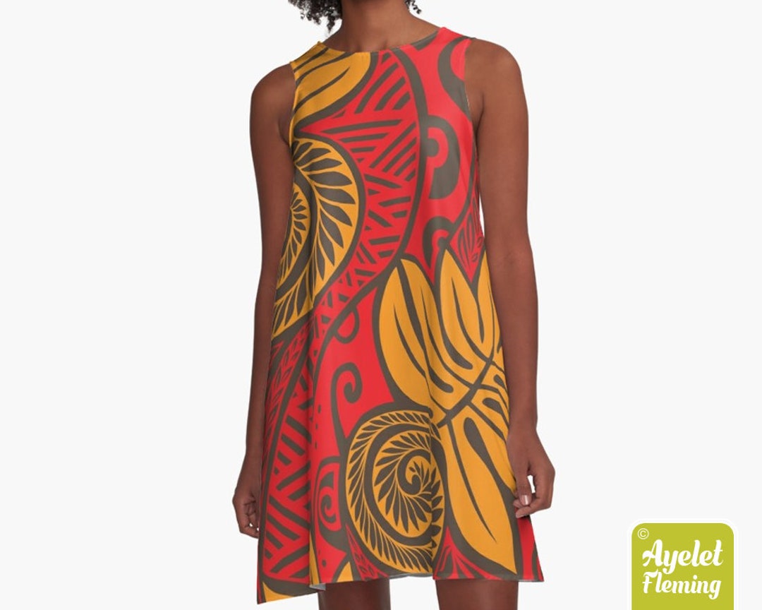 Hawaiian Dress Women Ulu - Polynesian Dress - Red Orange Brown Tiki ...
