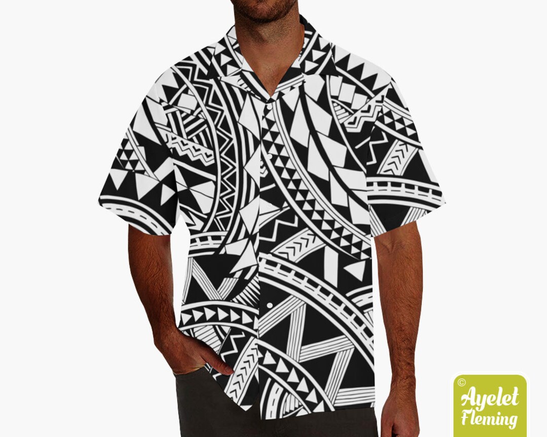 Hawaiian Shirt Men Polynesian Shirt Samoan Shirt Black White Samoan ...