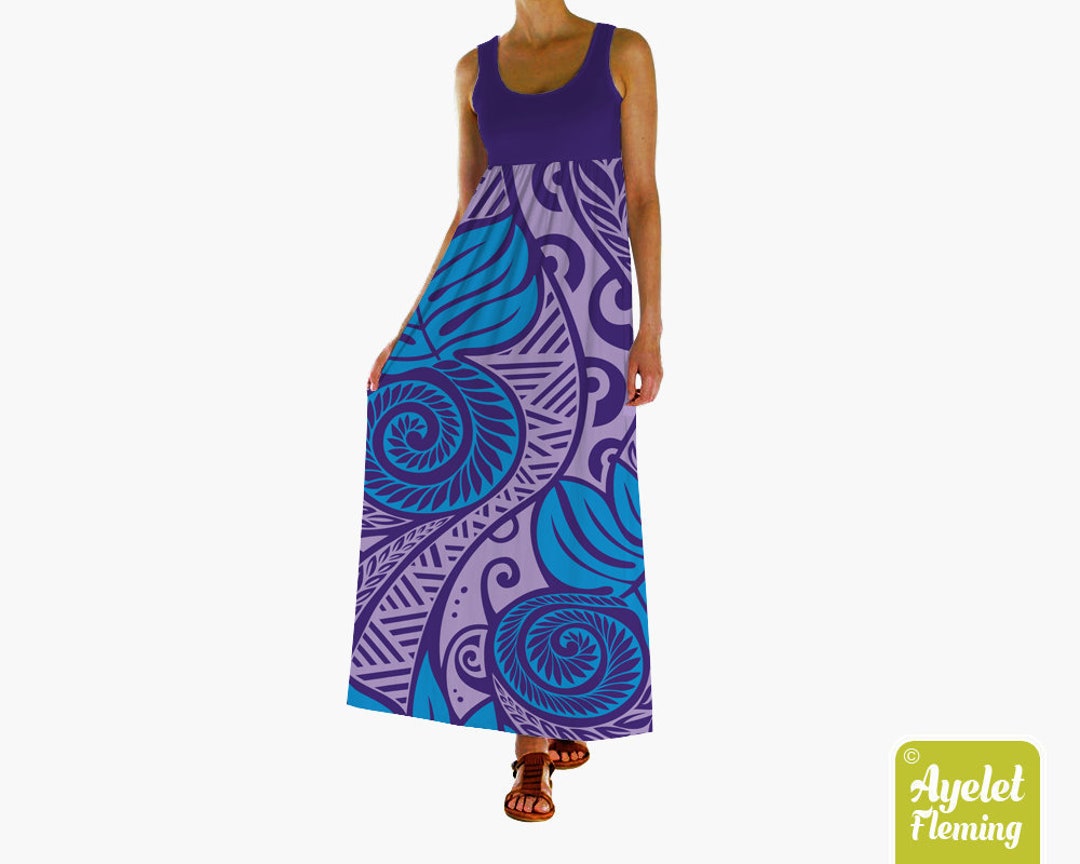 Hawaiian Dress Ulu Polynesian Dress Empire Waist Tiki Dress Purple Blue ...