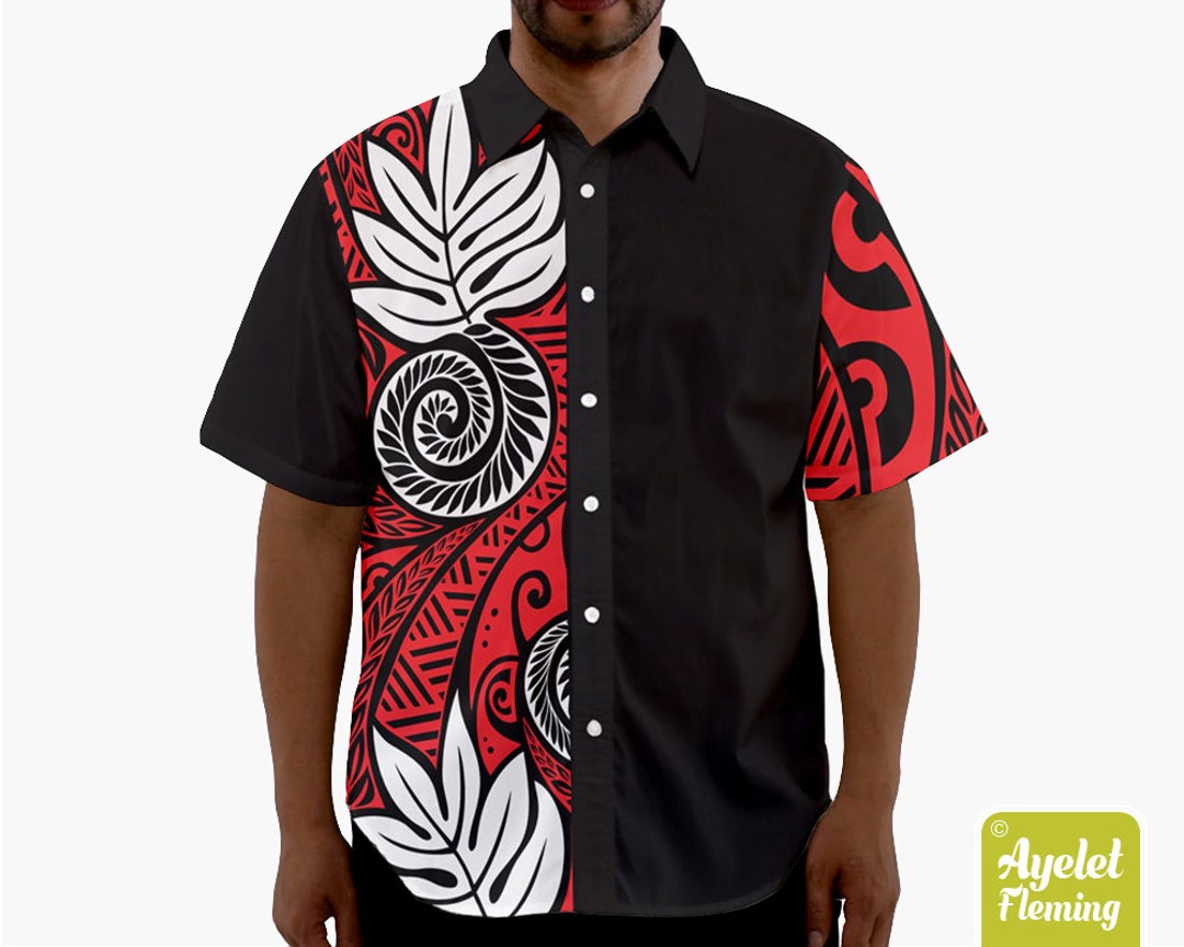Hawaiian Shirt Men Ulu Polynesian Shirt Samoan Shirt Half Black Red ...
