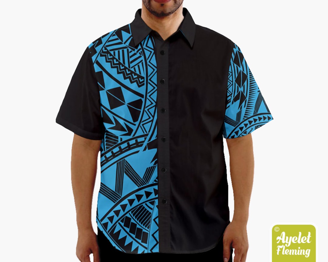 Hawaiian Shirt Men Polynesian Shirt Samoan Shirt Black Cyan Button up ...