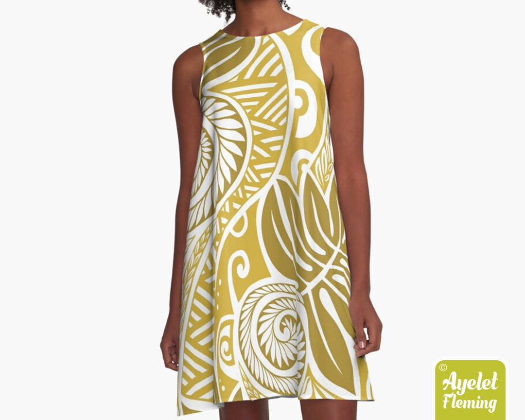 Hawaiian Dress Women - Polynesian Dress - Golden White Ulu Floral Tiki ...