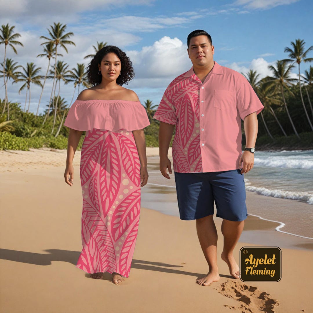 Floral Polynesian Maxi Dress and Hawaiian Shirt Set for Hula Dancing ...
