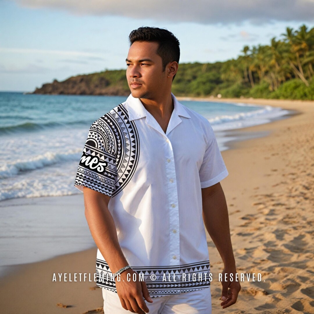 Custom Name Men's Short Sleeve Button Down Samoan Bowling Shirt, White ...