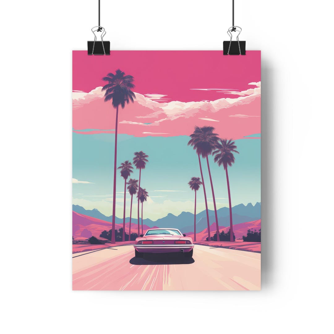 Pink Drive Poster: Retro Car & Palm Trees Art Print - Etsy