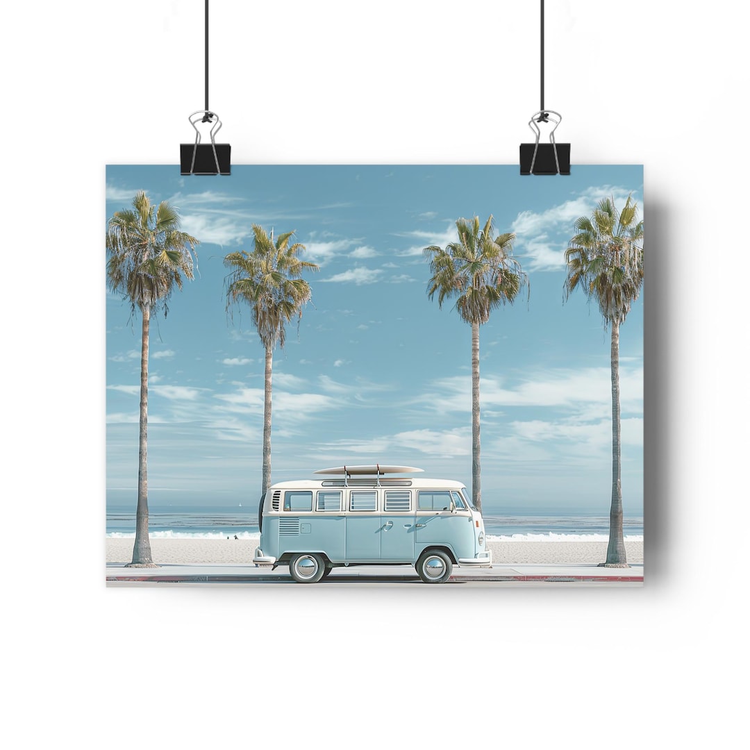 Blue VW Campervan Beach Print: Retro Surf Van Wall Art - Etsy