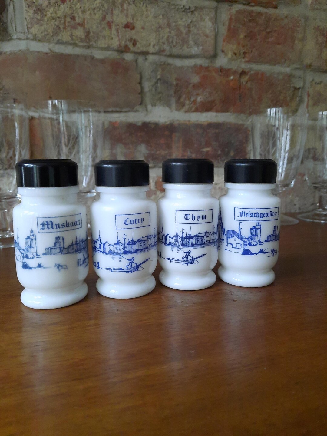 Milk Glass Herb Pots With Blue Houses and Boats and Herb Names - Set of ...