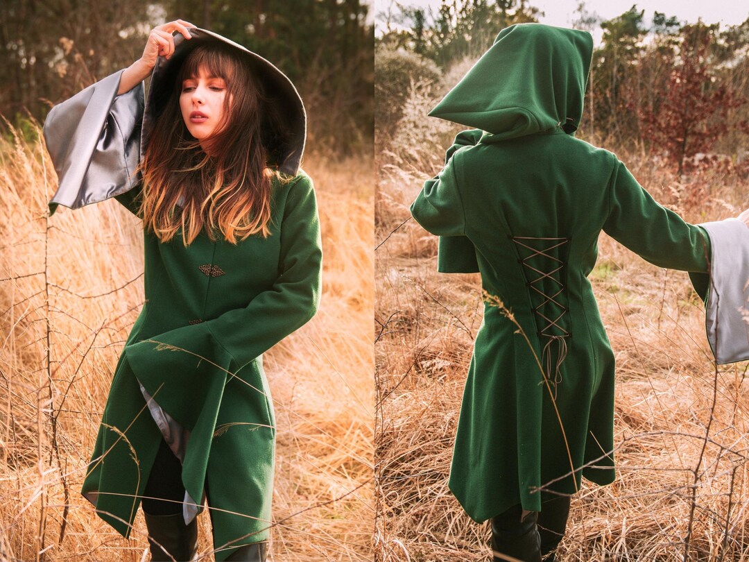 Vegan Wool Medieval Fantasy Tied Coat With Big Hood, Shiny 100% Cotton ...