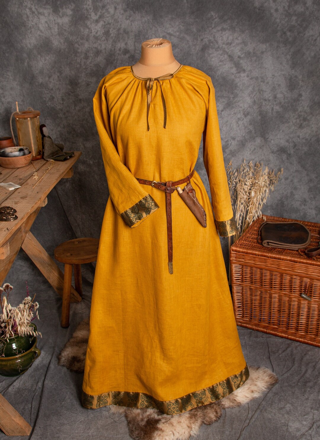 Early Medieval Rich 100% Linen Dress With Hand Block Stamped ...