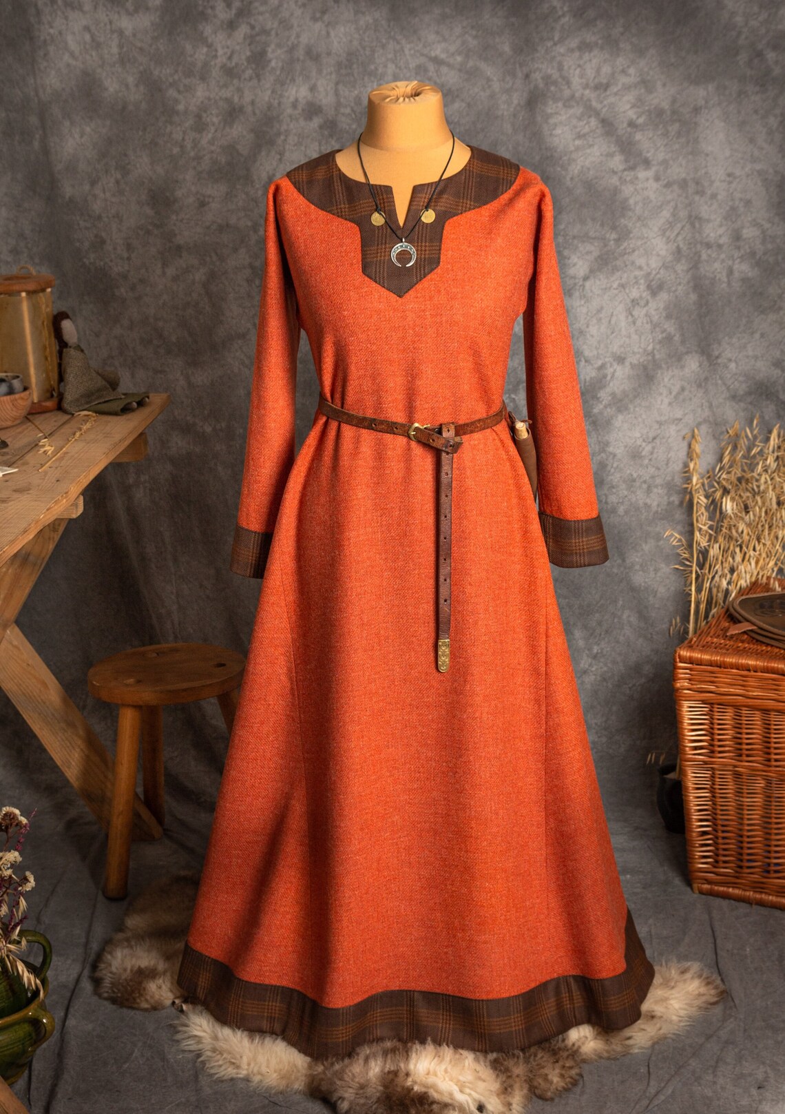 Early Medieval Viking Wide Warm Wool Dress Trimmed With Plaid Wool Hems ...