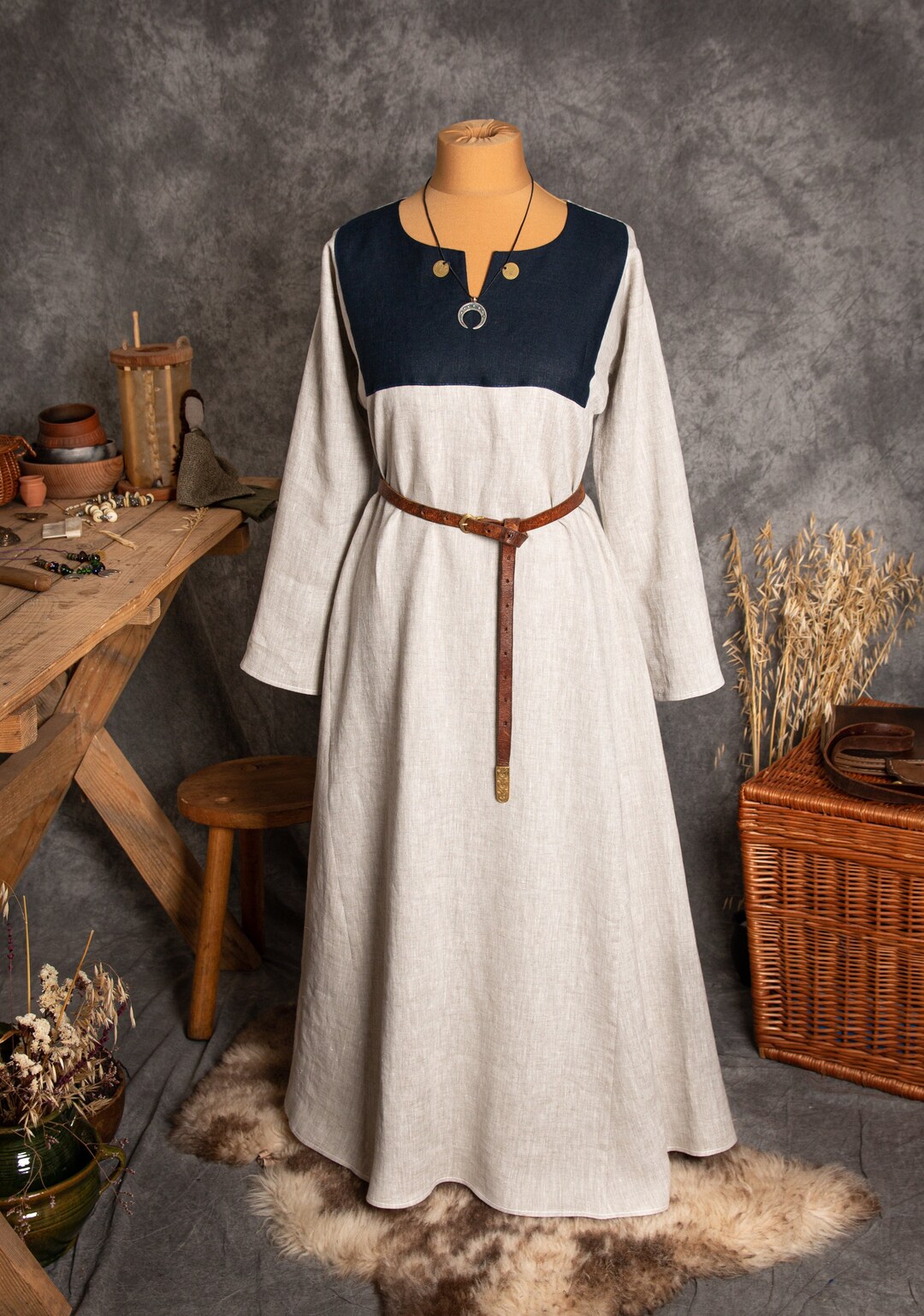 Early Medieval Linen Dress With Rectangular Accent Linen Hem and Slit ...