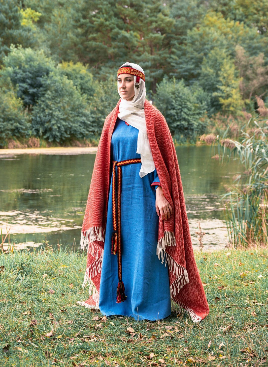 VELA | Early Medieval Costume Set With Linen Dress and Scarf, Silk ...
