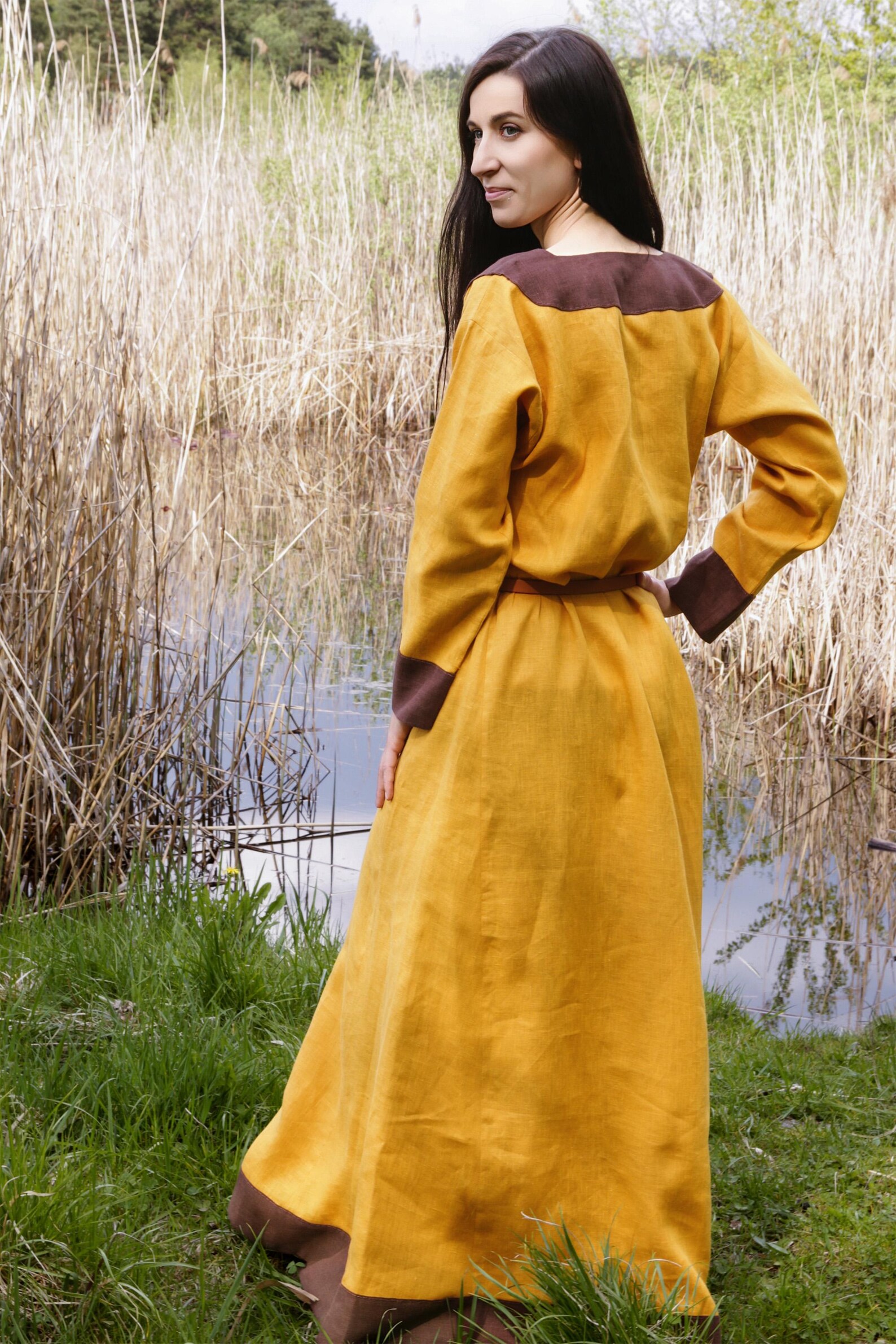 Early Medieval Natural Linen Trimmed Wide Linen Dress With Round ...