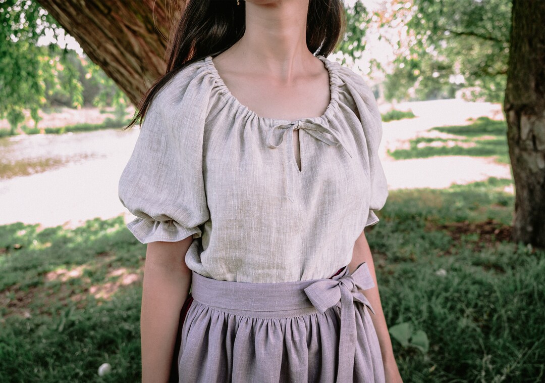 Rustic Linen Blouse With Adjustable Tie Pleated Neckline, Cottagecore ...