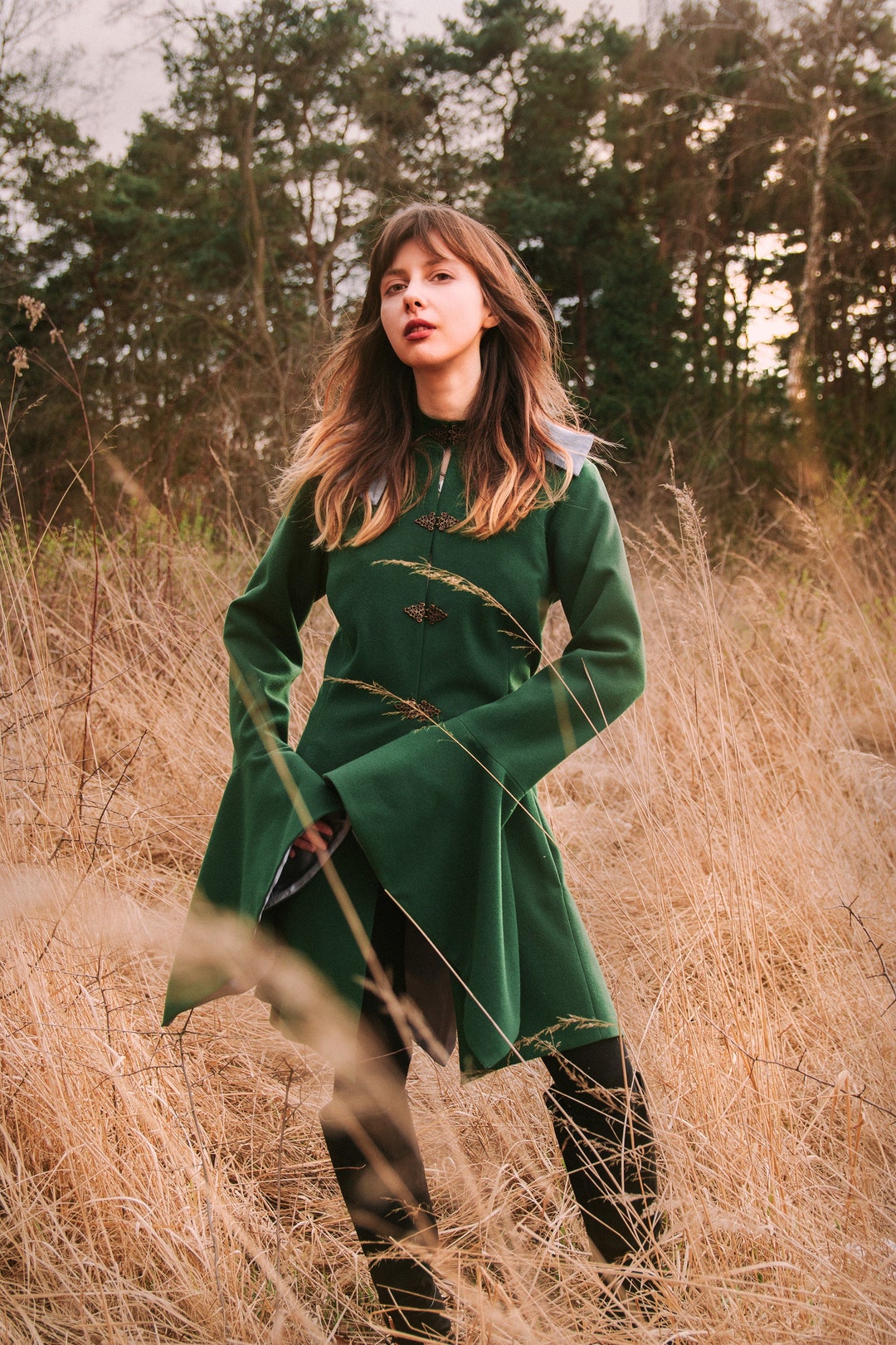 Vegan Wool Medieval Fantasy Tied Coat With Big Hood, Shiny 100% Cotton ...