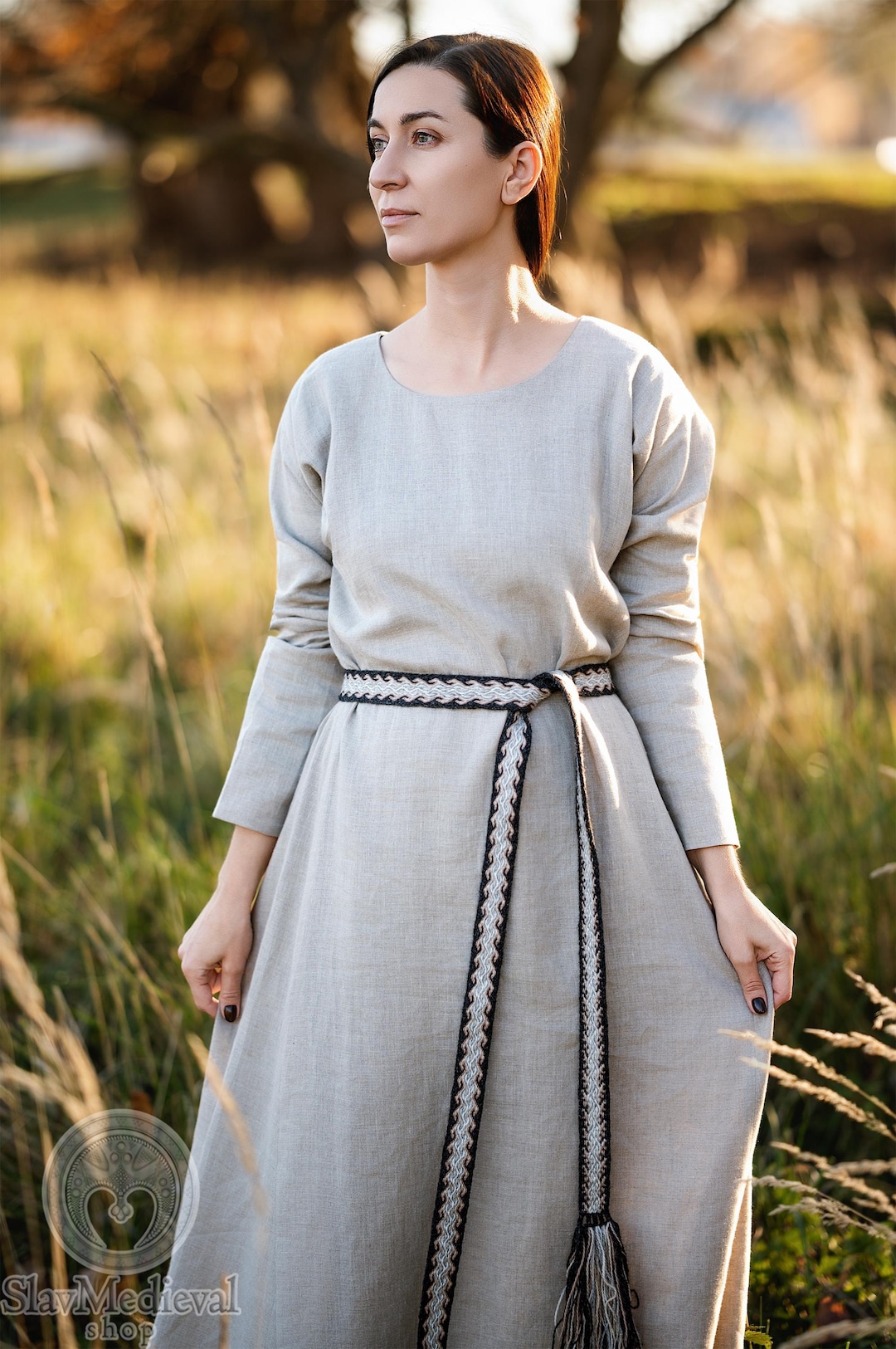 Early Medieval Wide Long Linen Tunic Dress With Round Neckline for ...