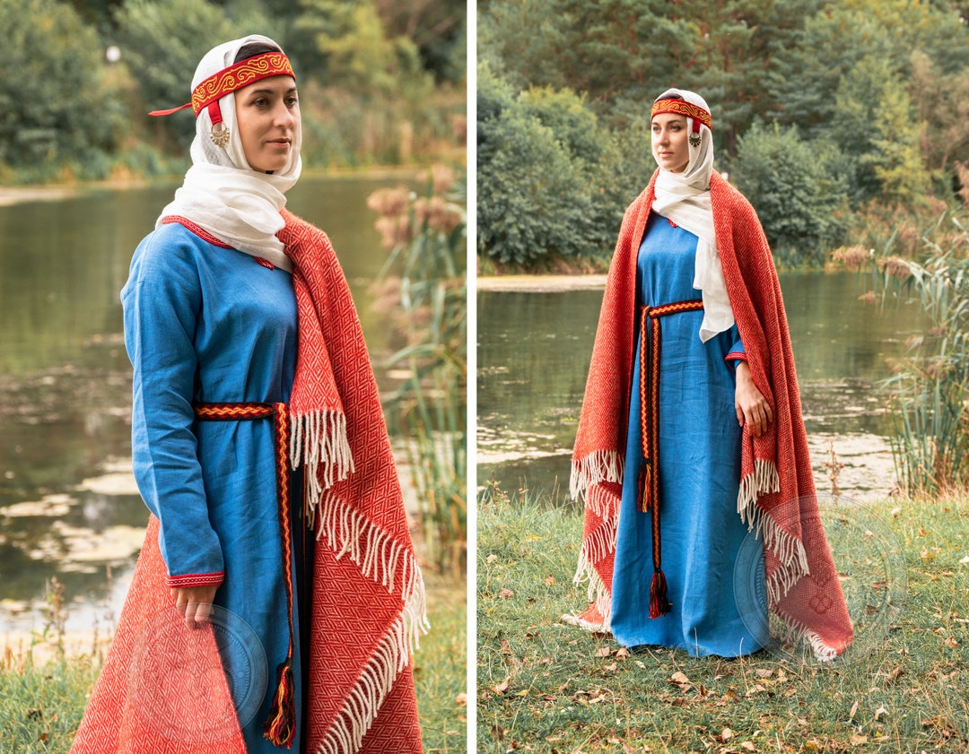 VELA Early Medieval Costume Set With Linen Dress and Scarf, Silk ...