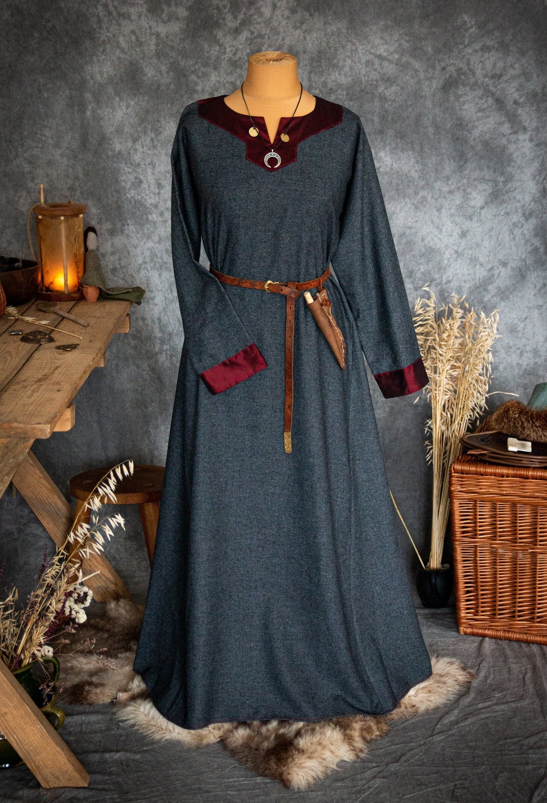 Early Medieval Wide Warm Wool Dress With Natural Silk Hems for Viking ...