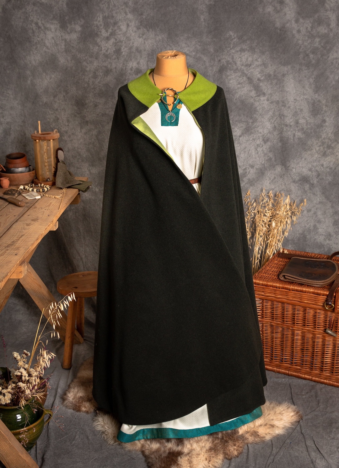 Wool Warm Half Circle Cloak With 100% Linen Lining Round Neckline for ...