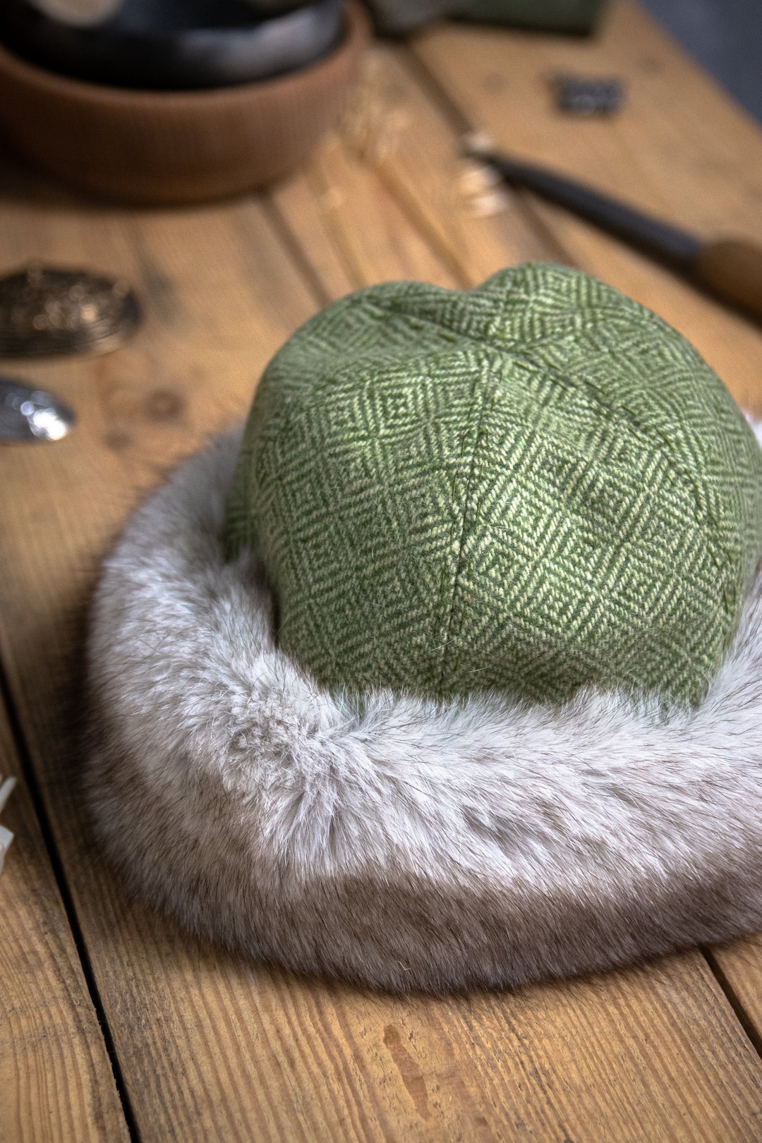 Early Medieval Diamond Wool Birka Round Hat With Natural White Fur, 100 ...
