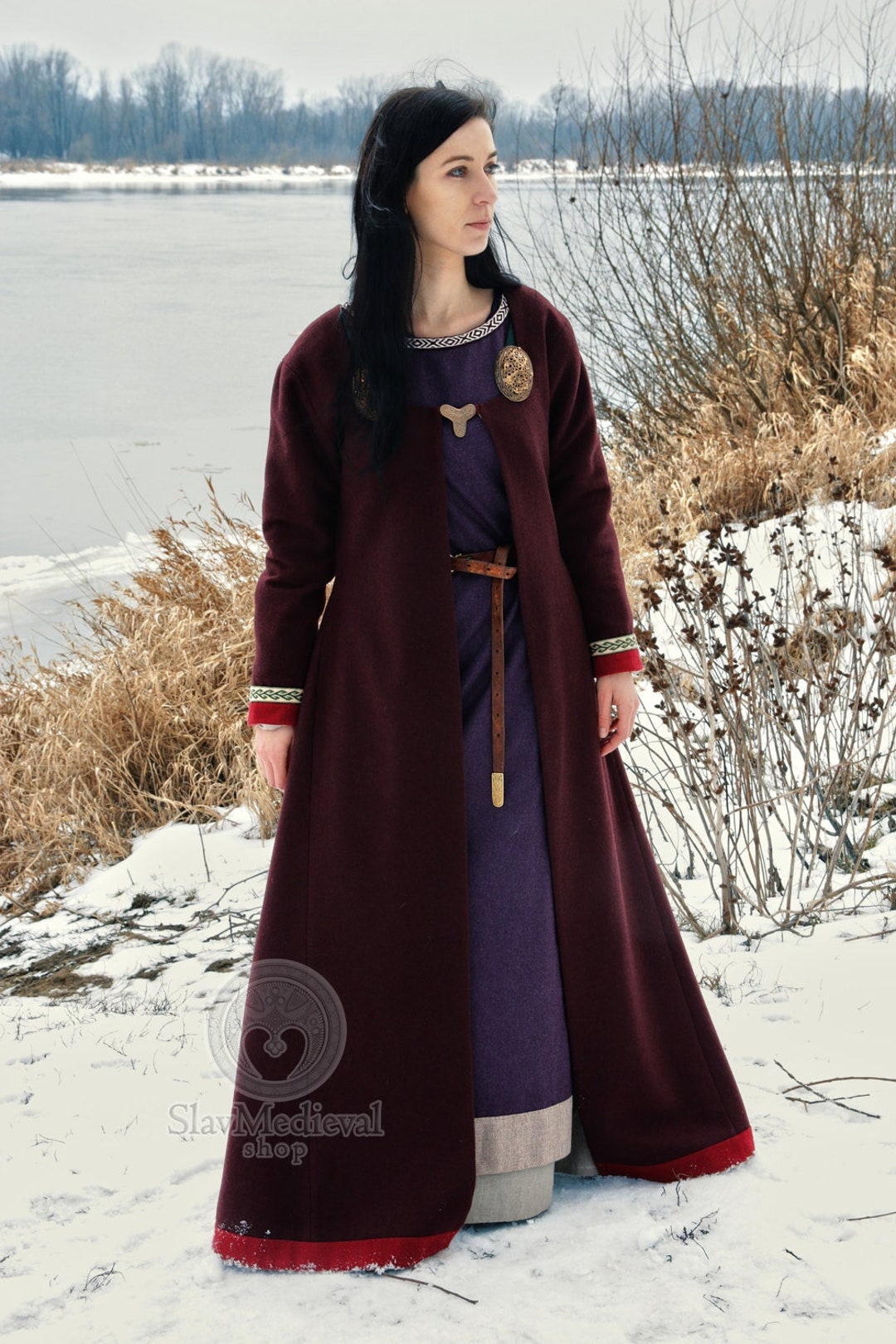 Early Medieval Viking Long Wool Coat Kaftan With Woven Trim and Linen ...