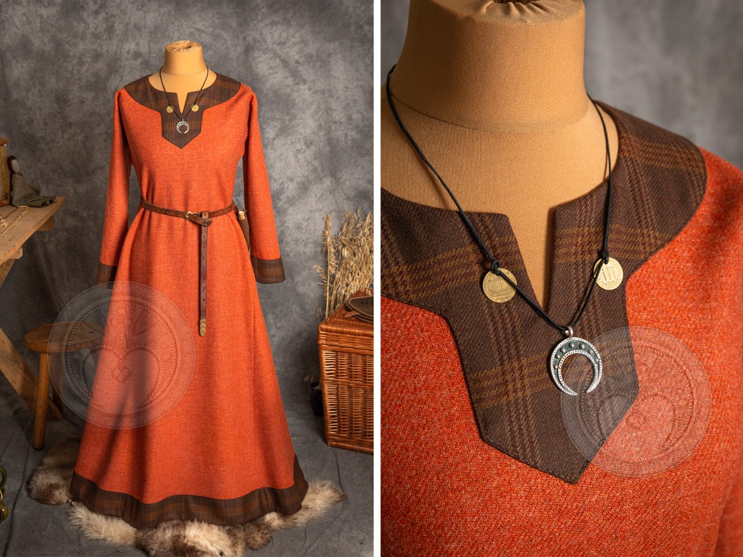 Early Medieval Viking Wide Warm Wool Dress Trimmed With Plaid Wool Hems ...