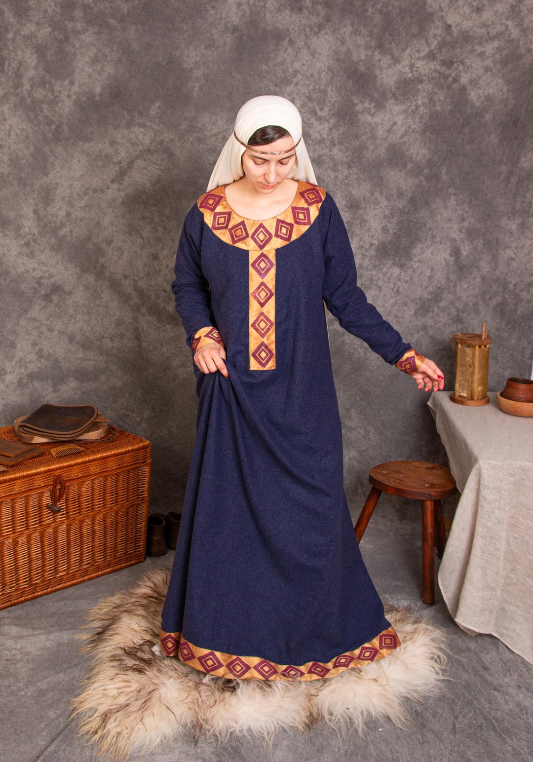 Rich Early Medieval Wool Dress With Hand Block Stamp Natural Silk Trim ...