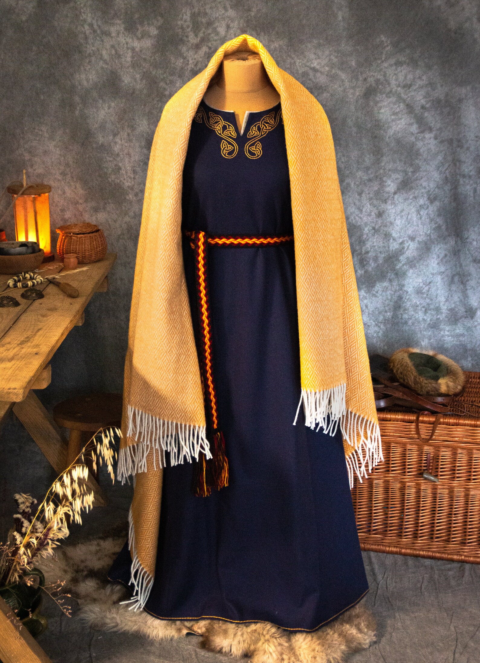 Early Medieval Wide Wool Dress With Split Neckline and Handmade Silk ...