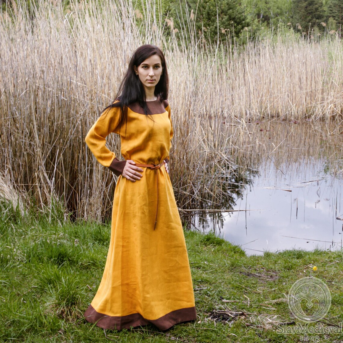 Early Medieval Natural Linen Trimmed Wide Linen Dress With Round ...