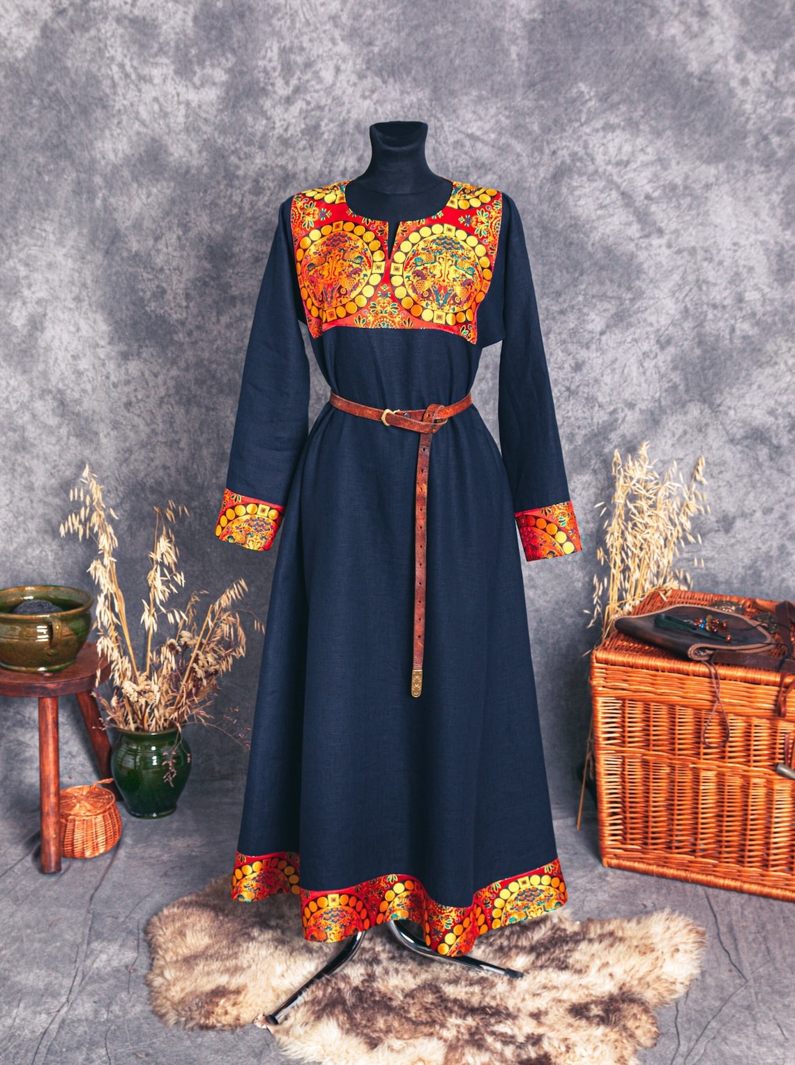 Early Medieval Rich Wide Linen Dress Trimmed With Oseberg Red/yellow ...