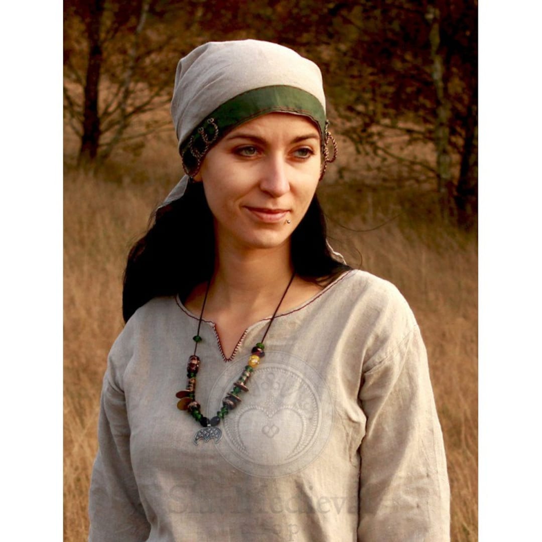 Early Medieval Linen Scarf With Bronze Temple Rings for Viking and ...