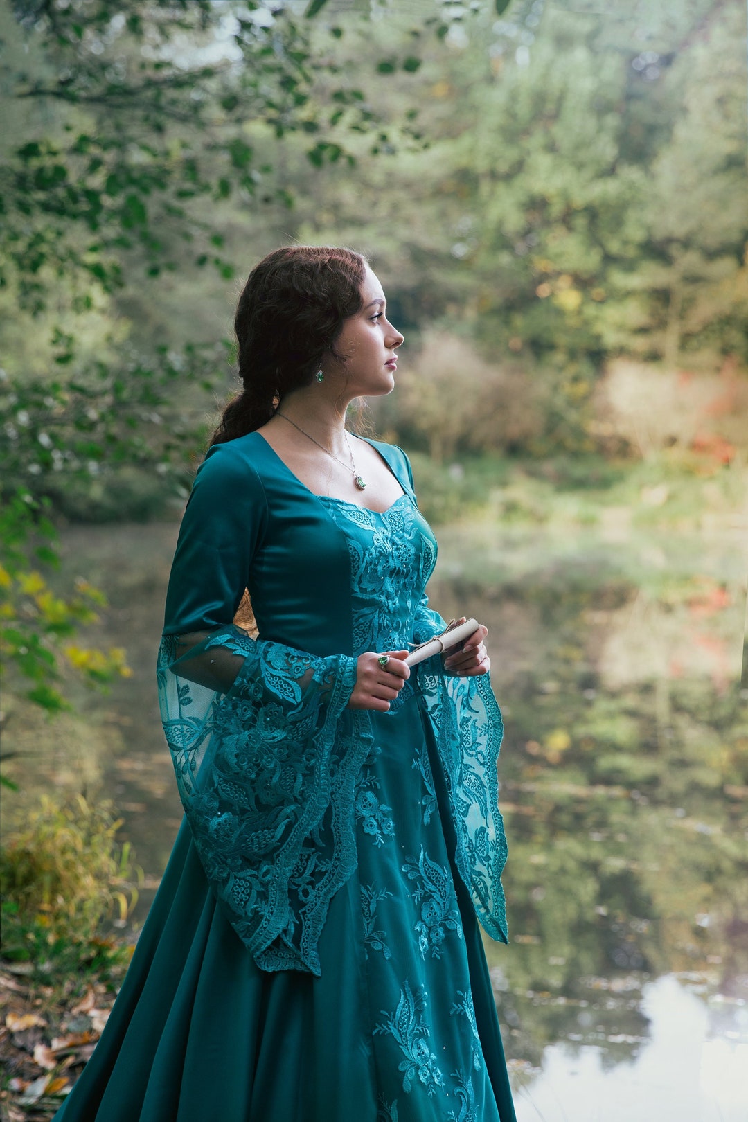 TURQUOISE MOTH | Fantasy Medieval Wide Laced Satin Lacy Dress With Wide ...