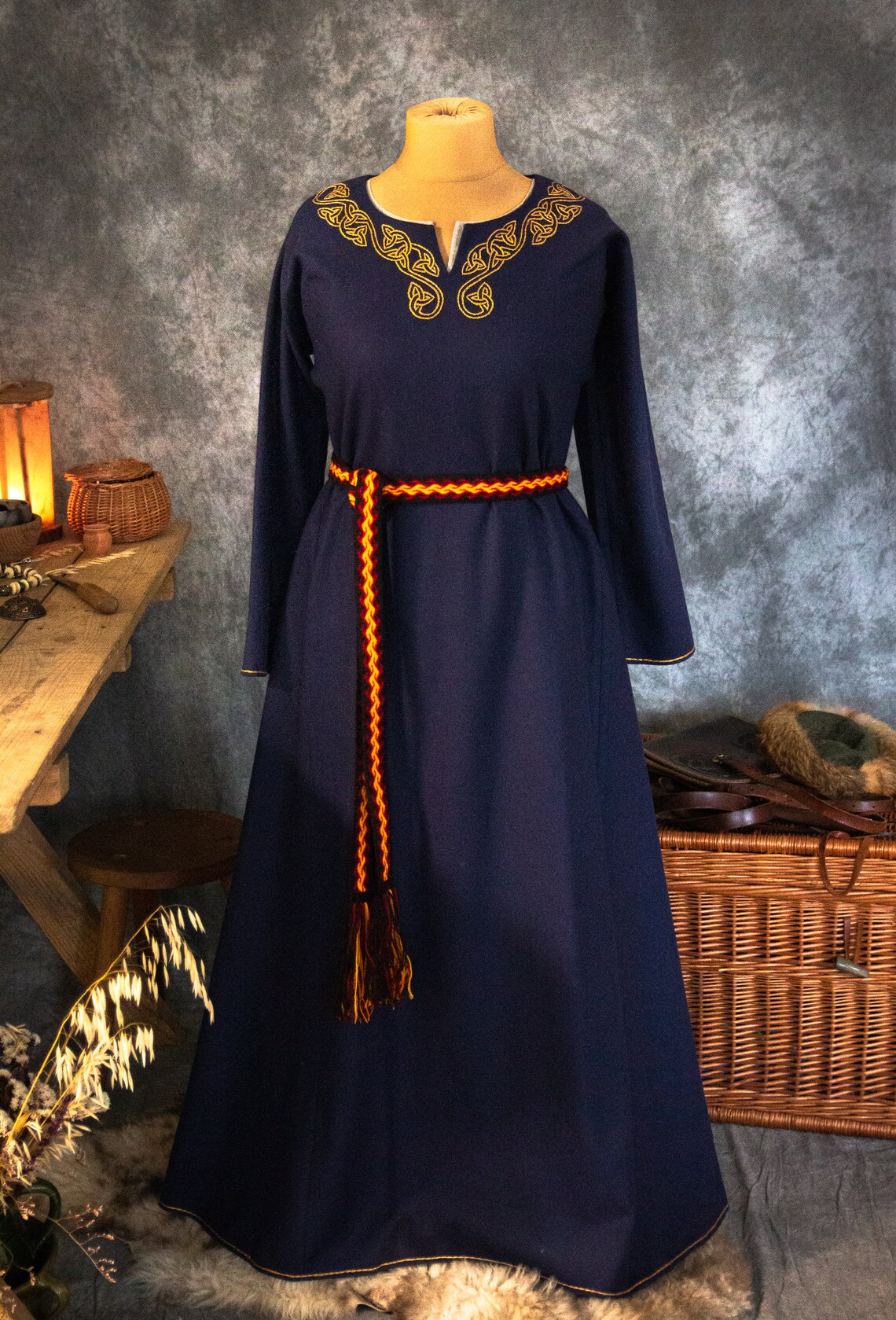 Early Medieval Wide Wool Dress With Split Neckline and Handmade Silk ...