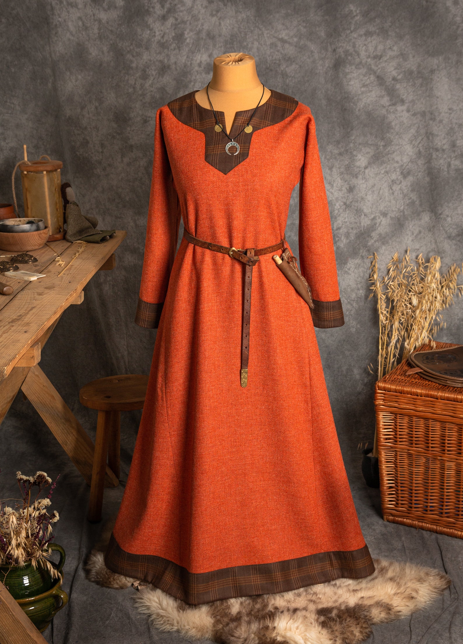 Early Medieval Viking Wide Warm Wool Dress Trimmed With Plaid Wool Hems ...