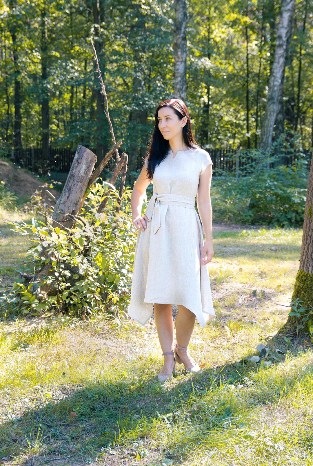 Asymmetrical Natural Linen Summer Short-sleeved Midi Dress With Slit V ...