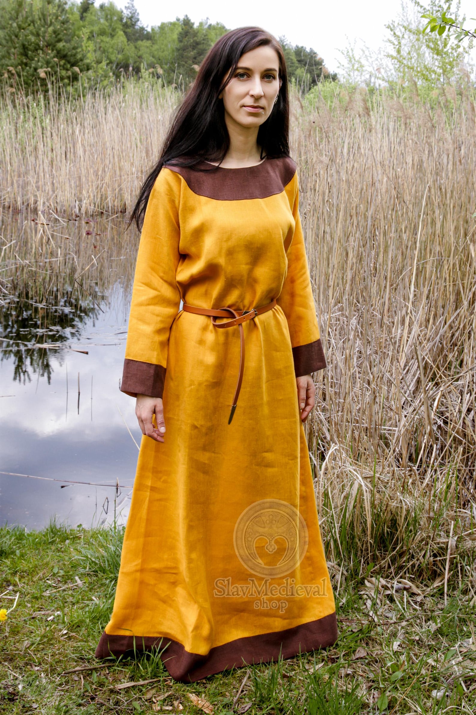 Early Medieval Natural Linen Trimmed Wide Linen Dress With Round ...
