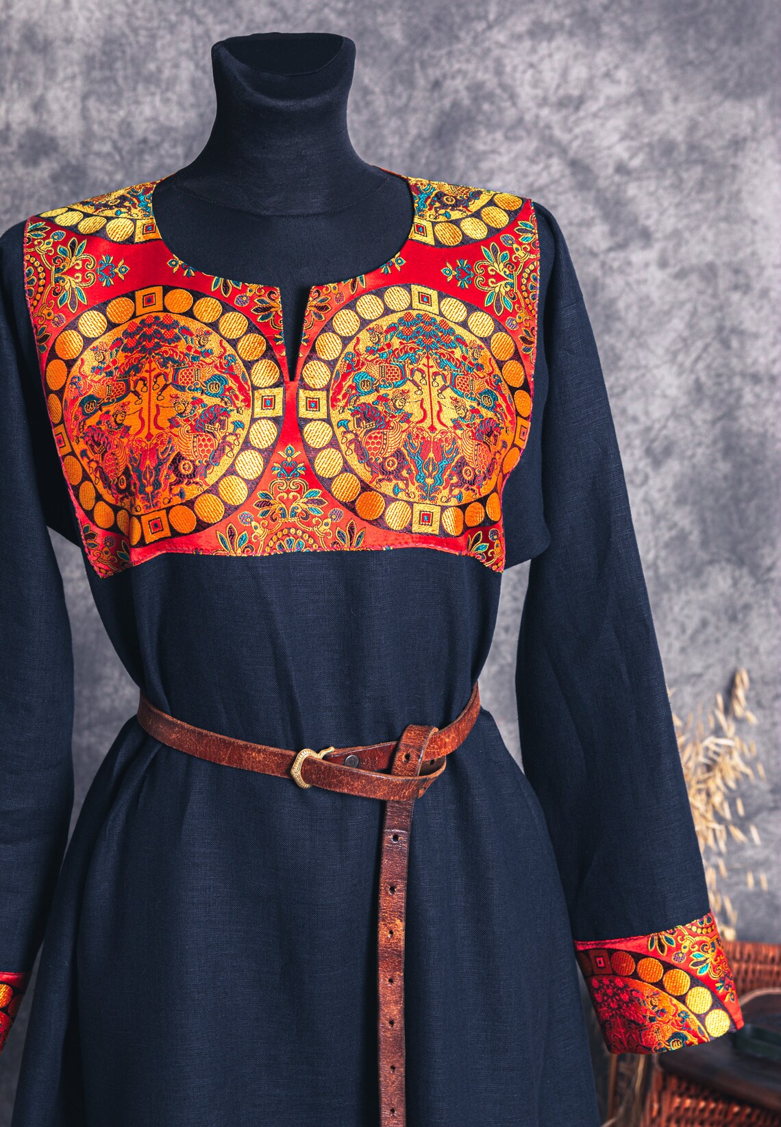 Early Medieval Rich Wide Linen Dress Trimmed With Oseberg Red/yellow ...