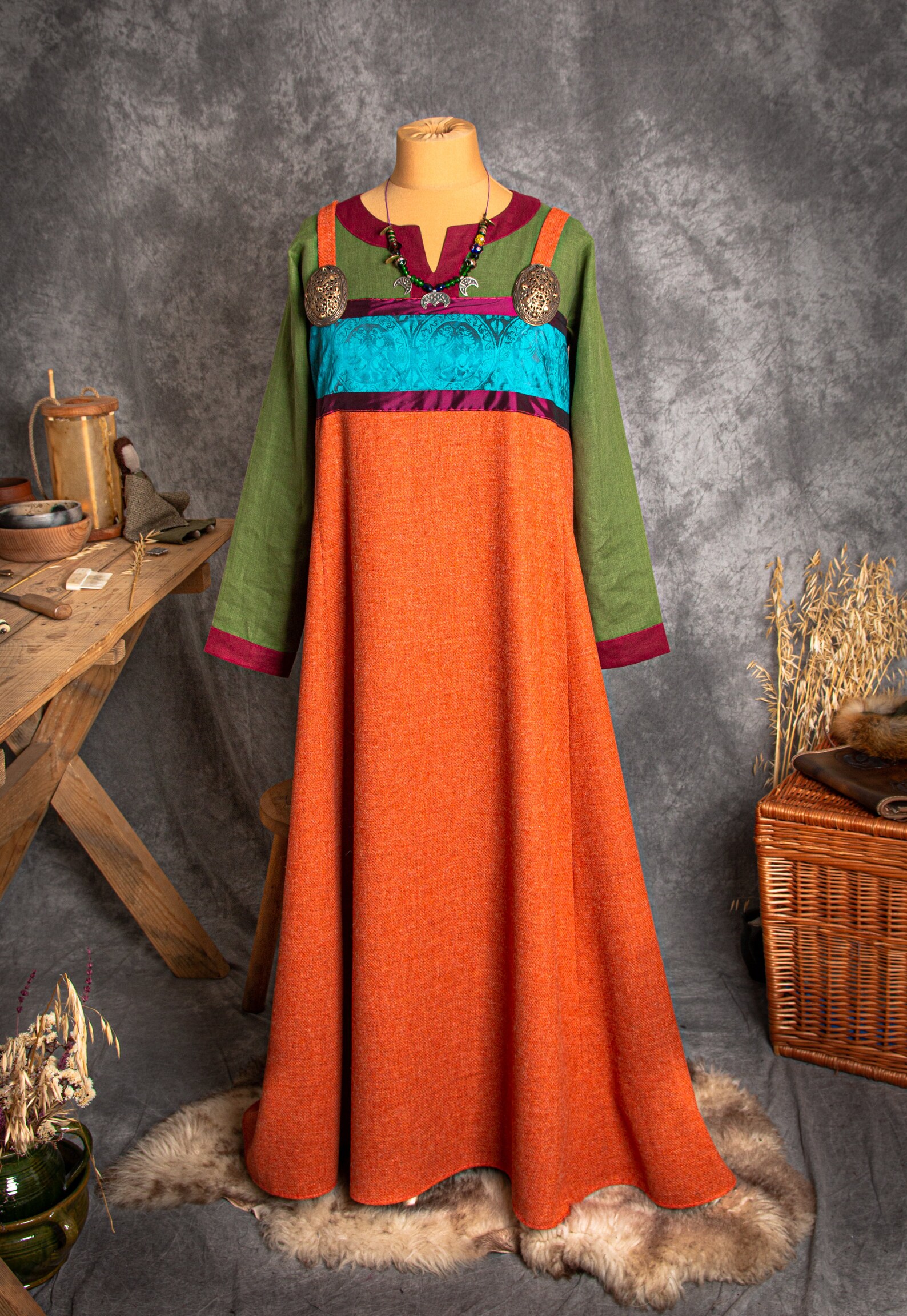 FREJA Early Medieval Costume Set With Wide Linen Dress, Wool and Plain ...