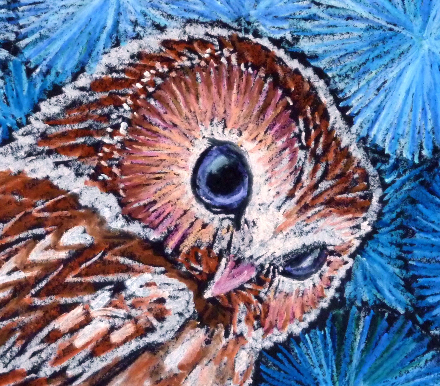 Original Owl Painting in Oil Pastels: Owl with Purple Eyes | Etsy