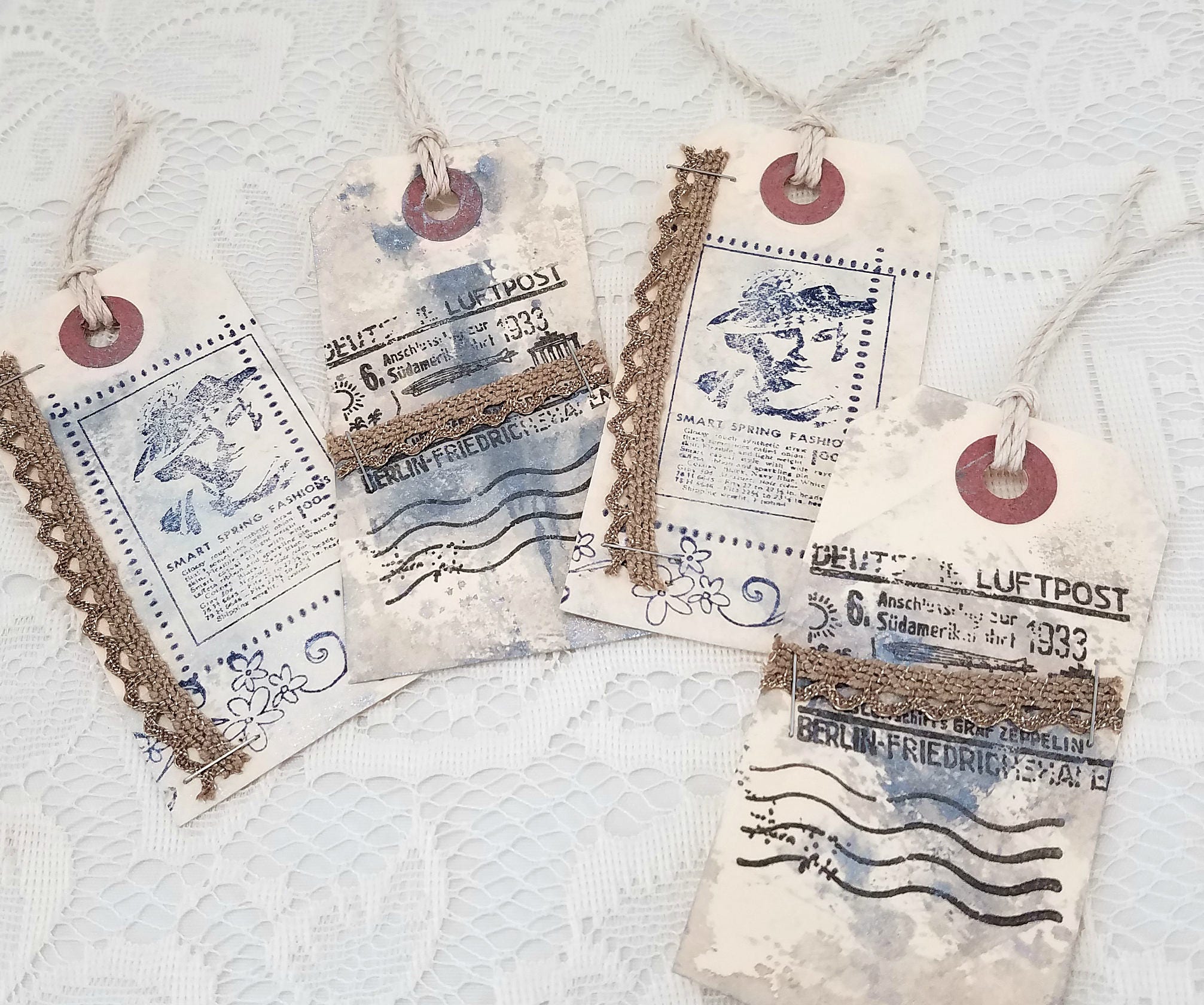 Blue and Gold Distressed Gift Tags - Blue Mixed Media Gift Tags ...