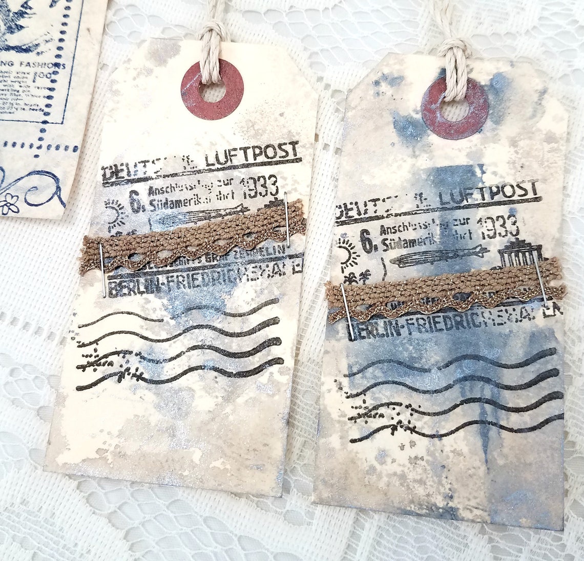 Blue and Gold Distressed Gift Tags Blue Mixed Media Gift | Etsy