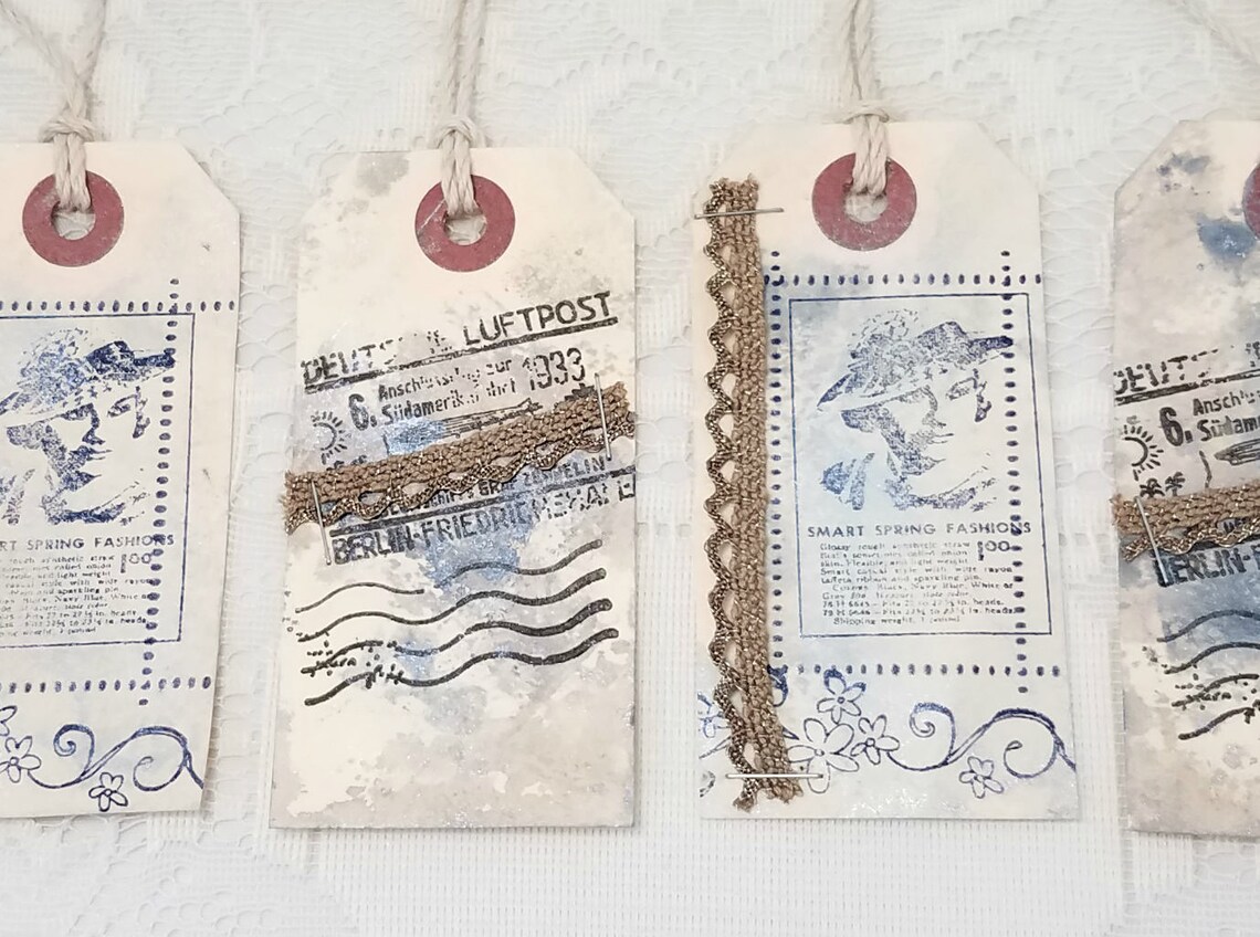 Blue and Gold Distressed Gift Tags Blue Mixed Media Gift | Etsy