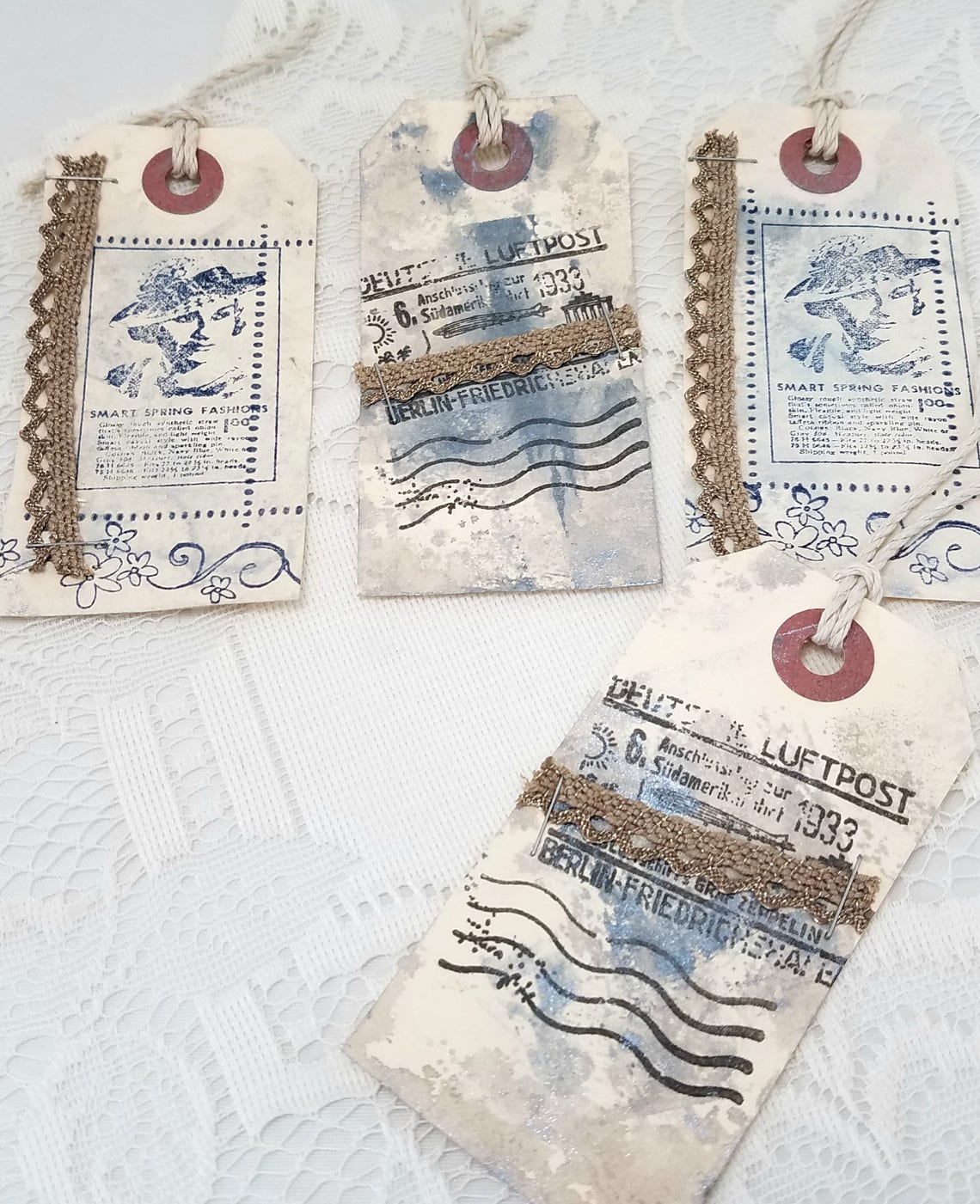 Blue and Gold Distressed Gift Tags Blue Mixed Media Gift | Etsy