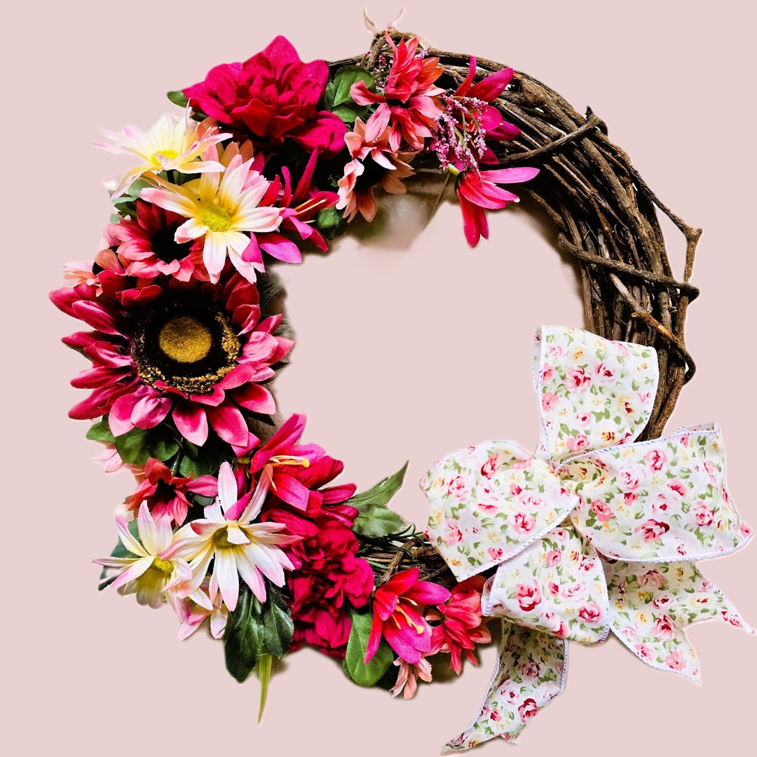 Small Spring Wreath for Indoor or Front Door, Pink Sunflower and Daisy ...