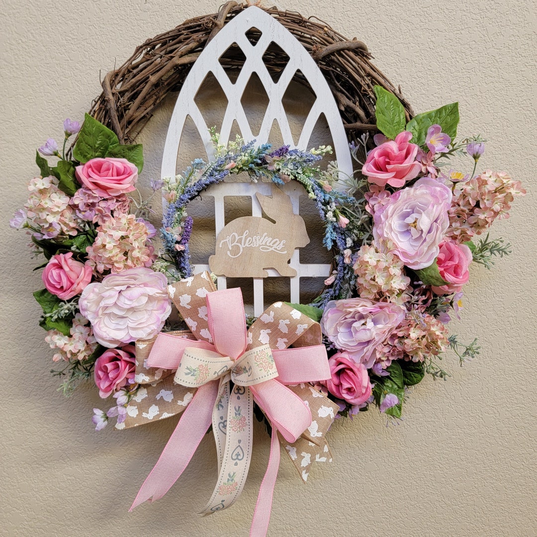 Religious Easter Wreath for Front Door, Easter Bunny Blessing Wreath ...
