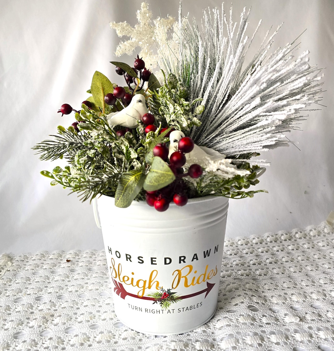 Sleigh Ride Pail Christmas Arrangement With White Doves, Red Berries ...