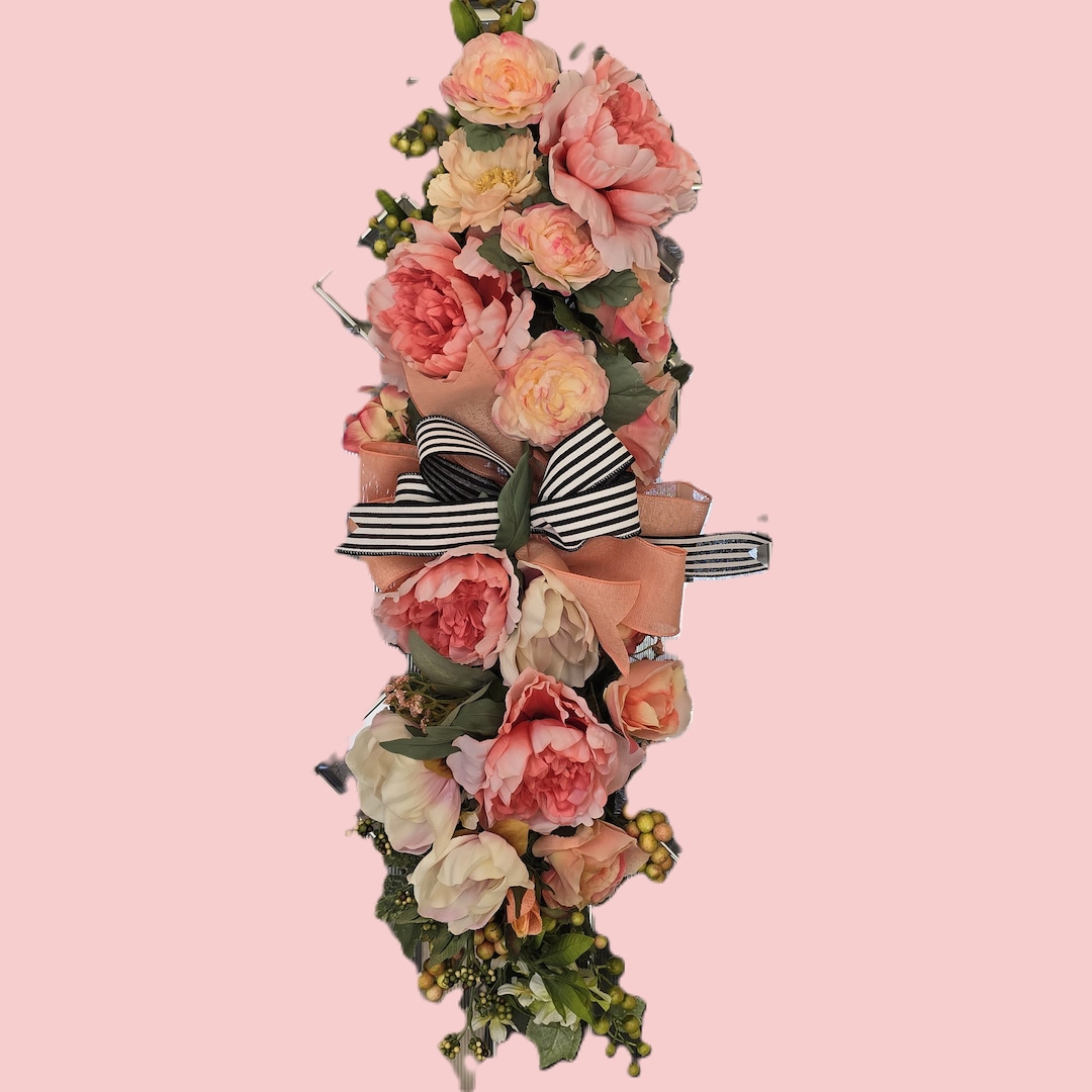 Spring Floral Teardrop Swag for Front Door, Rustic Swag Wreath for ...