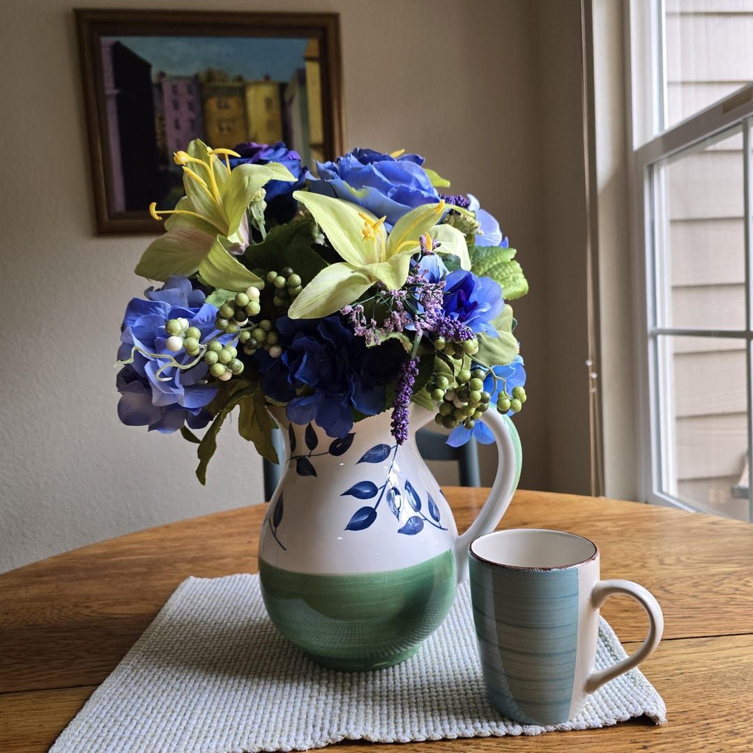 Large Pitcher Floral Arrangement in Blue & Green Ceramic Vine Pitcher ...