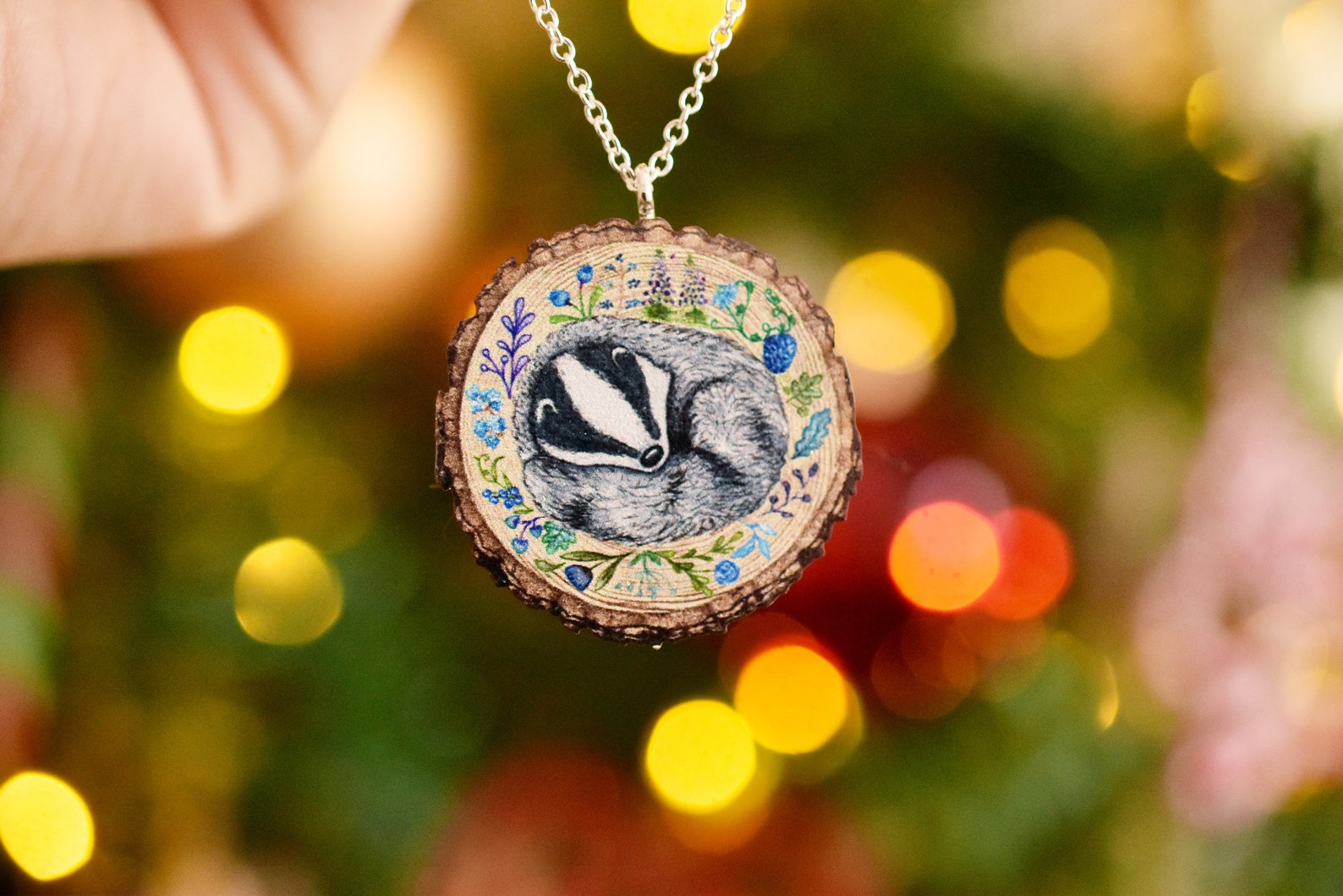 Sleeping Badger Log Slice Necklace Wooden Illustrated - Etsy UK