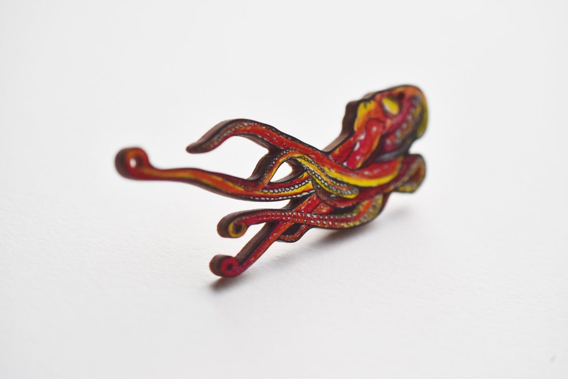 Octopus Pin Badge- Colourful Illustrated Wooden Jewellery - Etsy UK